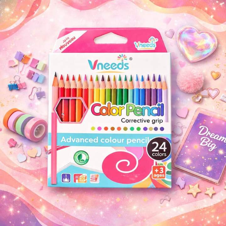 Vneeds Color Pencils 24 Colours | Corrective Grip | Safe for Kids +3 ...