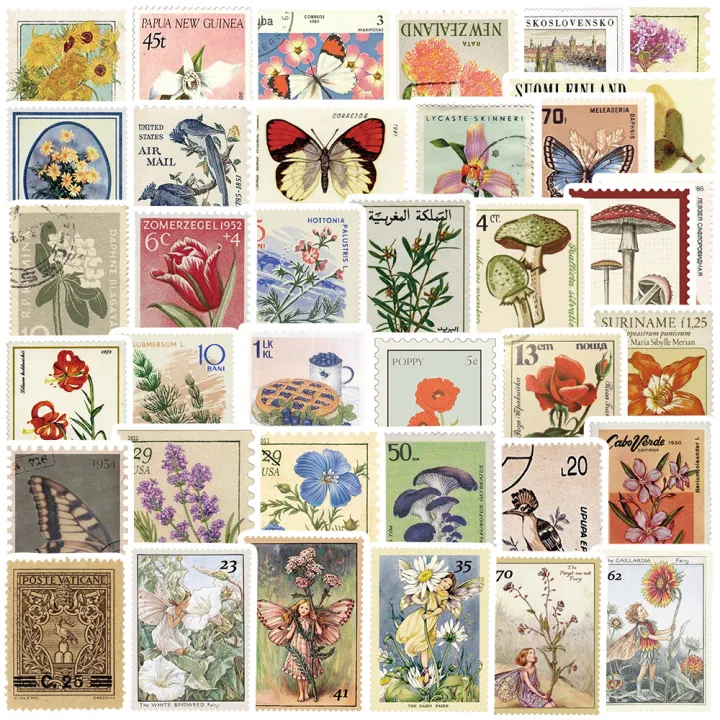 50Pcs Vintage Postage Stamp Stickers for Scrapbook, Deco Paper Stickers ...