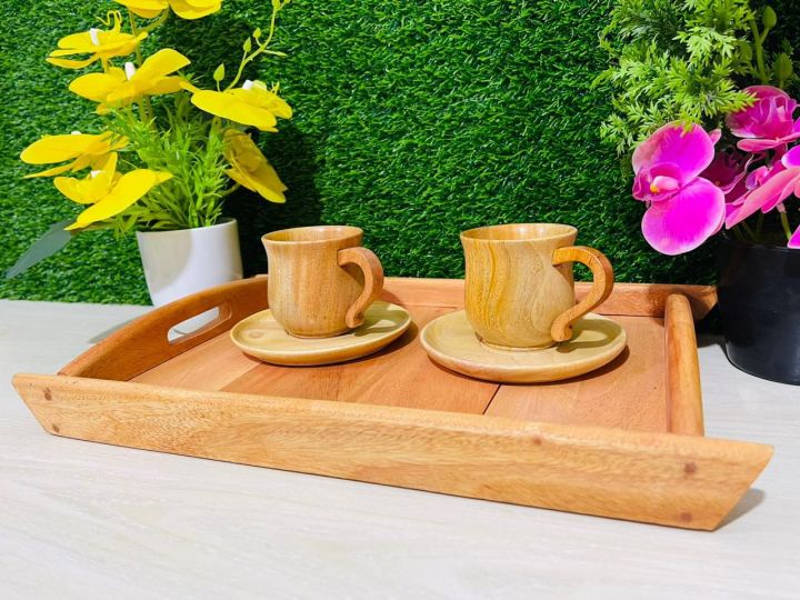 Woden trey with 2 set cup and pirich, Woden cup piric set. 14"/10" trey ...