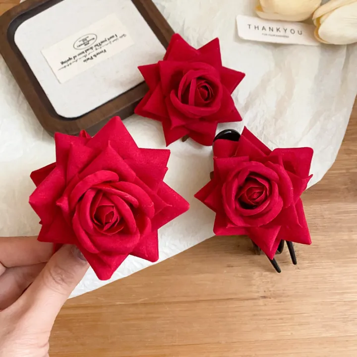 Red Rose Flower Hair Claw Clips for Women Sweet Small Double-side ...
