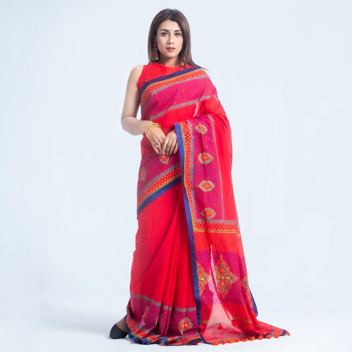 Rang Bangladesh Half Silk Red sharee -Japani Silk Saree | Daraz.com.bd