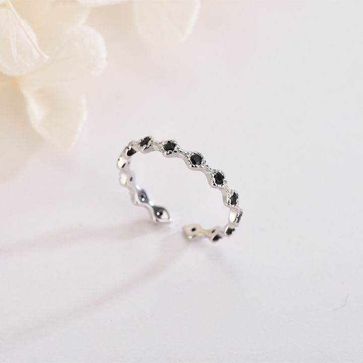 Under the Banyan Tree S925 Silver Japanese and Korean Black Zircon Open Ring Set with Diamonds ...