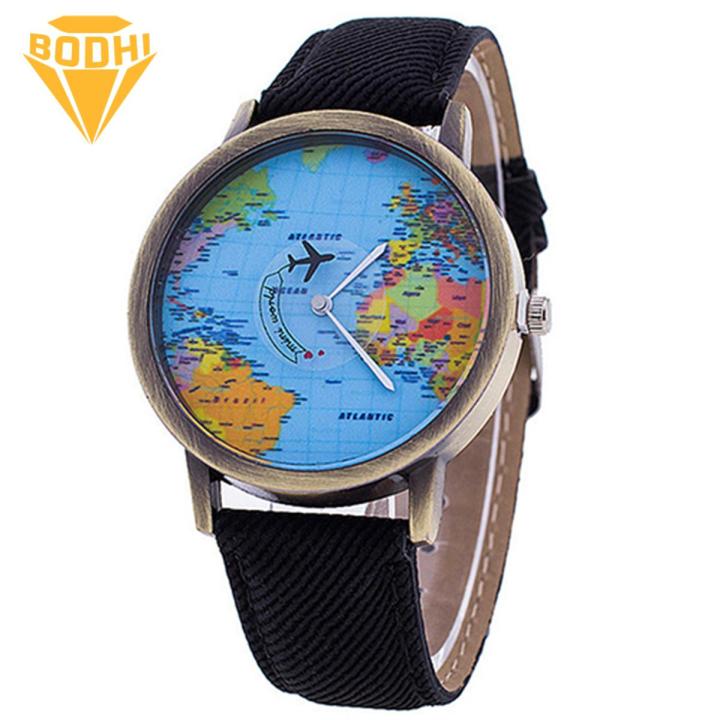 BODHI Women's World Map Dial Denim Fabric Strap Analog Quartz Students ...