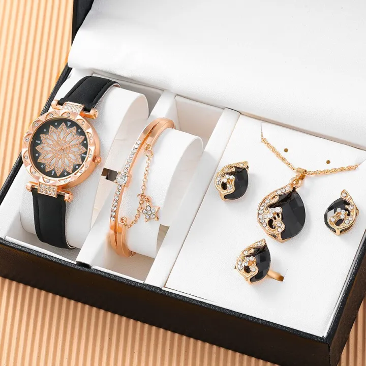 Elegant Luxury Women 6pc Set Watch Round Pointer Flower Watch Necklace ...
