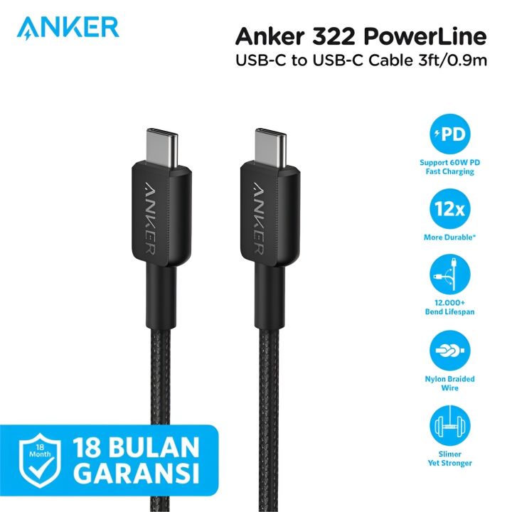 Anker 322 USB Type-C To Type-C 60W Fast Charging Nylon Braided Safe Charging Cable - 3 Feet ...