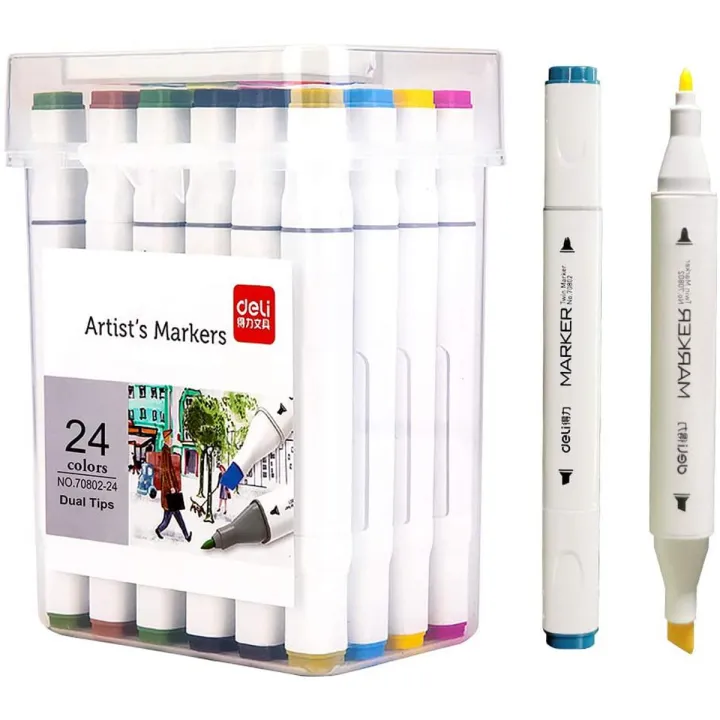 Deli 24 Pcs Instant Dry Dual Tip Art Markers, Permanent Alco. Based ...