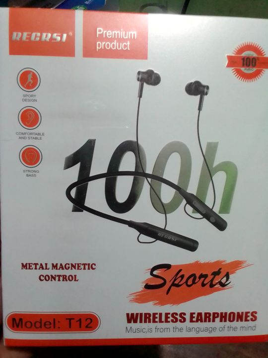Recrsi wireless Neckband Bluetooth Earphone Model T12 চার্জিং ব্যাকআপ ...