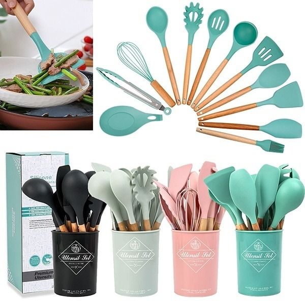 12Pcs Silicone Cooking Utensils Set Non-Stick Spatula Shovel Wooden ...