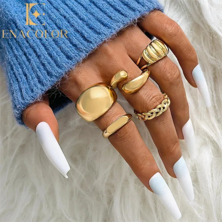 Enacolor Elegant Gold Metal Rings Exaggerated Geometric Arcs Open Ring ...