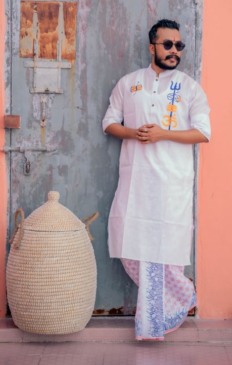 Puja Special Semi Long Printed cotton mixed Panjabi for men | Daraz.com.bd