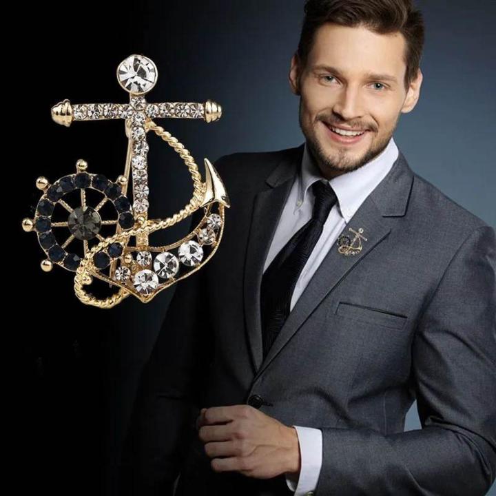 Anchor Brooches Pins Rhinestone Men's Suit Shirt Collar Lapel Pin Metal ...