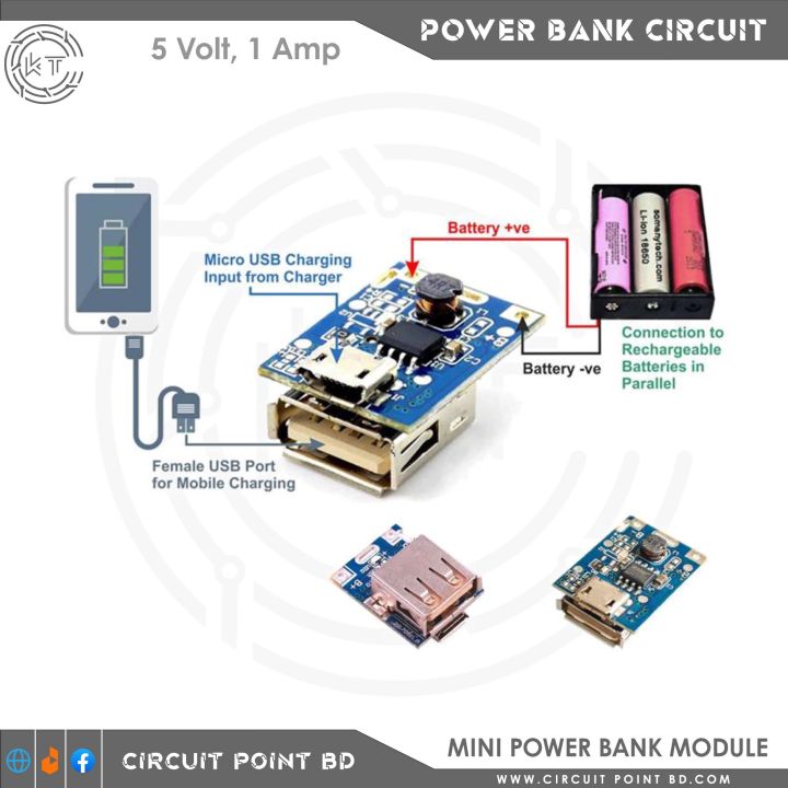 USB 5V 1A Mini Power Bank Module – 18650 Battery Charger with Step-Up Boost & Protection Circuit ...