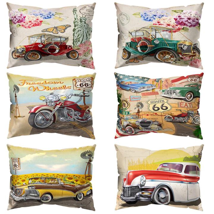 Route 66 Car Motorcycle Vehicle Pattern Pillow Case Cushion Cover Sofa ...