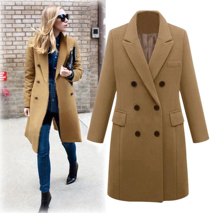 Women Winter Lapel Wool Coat Trench Jacket Long Parka Overcoat Outwear ...