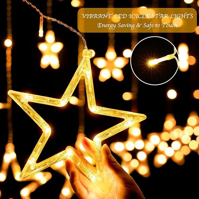 Golden Big Star Curtain Light, 12 Hanging Golden Star String Lights ...