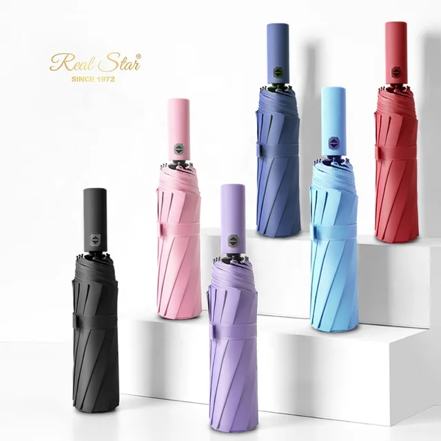 Automatic 10-Rib Windproof Folding Umbrella with Long Handle - Compact ...