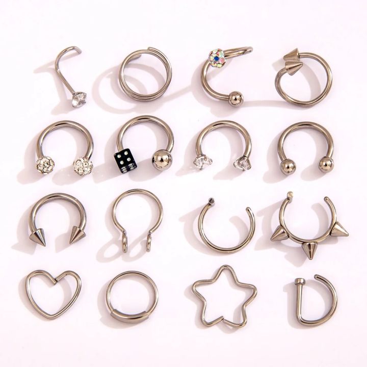16Pcs Stainless Steel Heart/Star Earrings Nose Ring Studs/Hoop Piercing ...