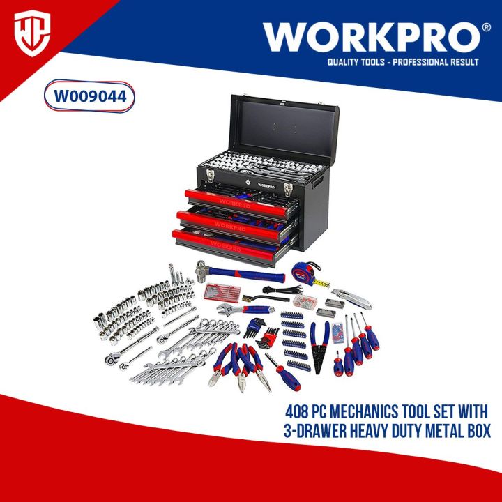 Workpro 408 Pcs Mechanics Tools Set with 3-Drawer Heavy Duty Metal Tool ...