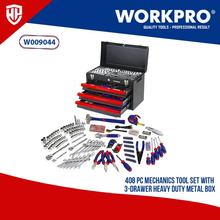 Workpro 408 Pcs Mechanics Tools Set with 3-Drawer Heavy Duty Metal Tool ...