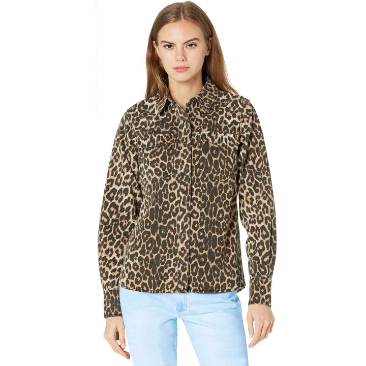Long Sleeve with Two Chest Pockets Brown Leopard Print Denim Shirt for ...