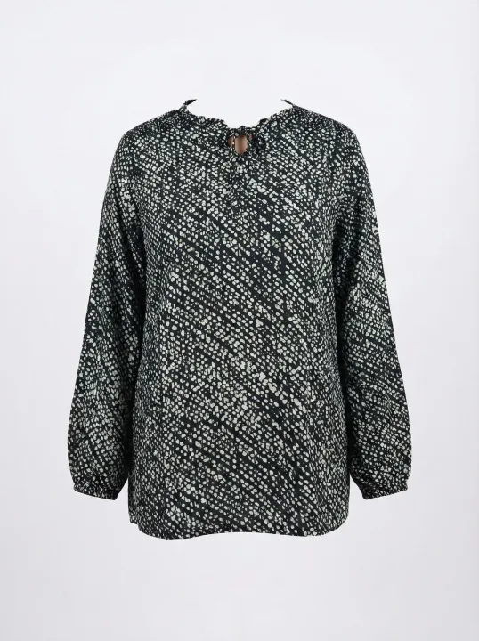 Long Sleeve Women’s Smocked Neck Blouse in Black and Sage Abstract ...