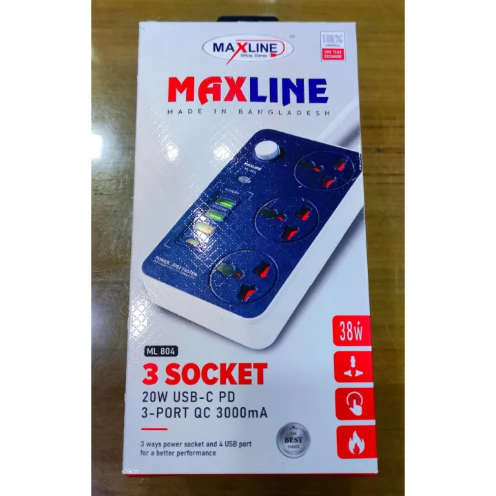 Maxline ML-804, 3 Socket & 4 USB With Lightning Port Fast Charging Multiplug Power Strip | Daraz ...