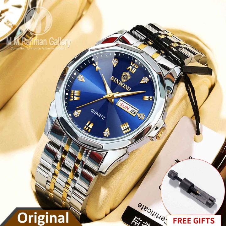 BINBOND 4121 Stainless Steel Date Week Luminous Quartz Watch For Men ...