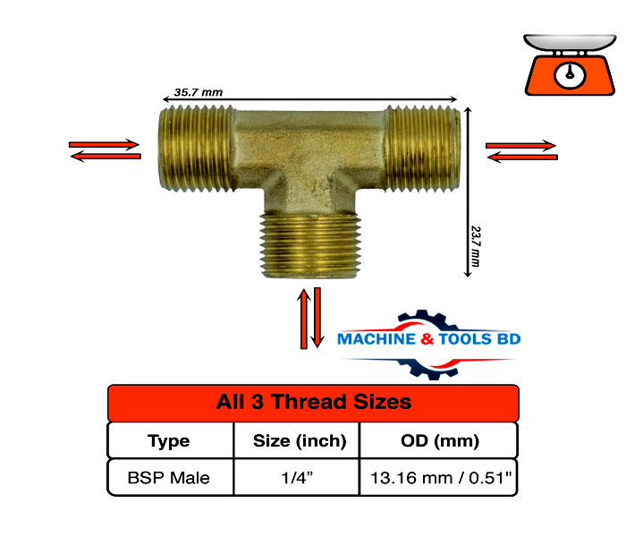 Brass Male Tee BSP 1/4” 3-Way Forged Pipe Fitting | Female BSP 1/4” x 1 ...