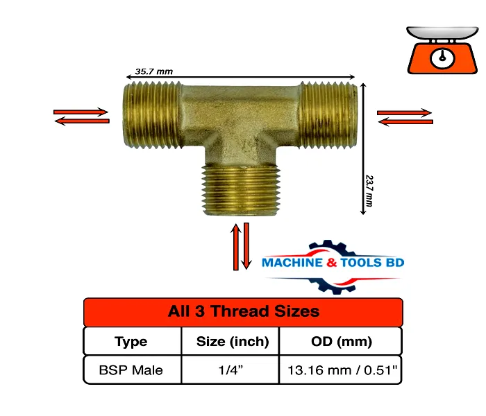 Brass Male Tee BSP 1/4” 3-Way Forged Pipe Fitting | Female BSP 1/4” x 1 ...