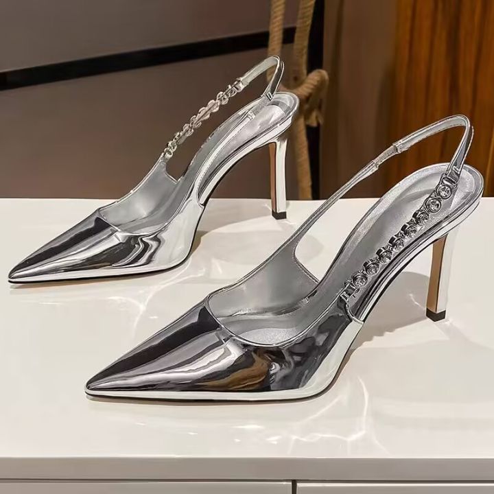 Shiny High Heels Slingback Silver Women Pumps Metallic Crystal Sandals ...