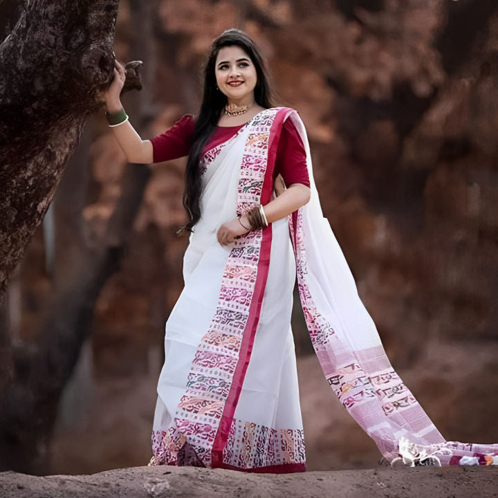 Half Silk Tangail Saree - White color saree with Red Par - Perfect For ...