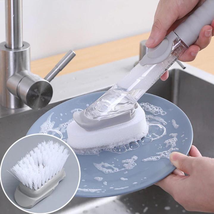 2 in 1 Kitchen Cleaning Brush Long Handle Automatic Liquid Sponge ...
