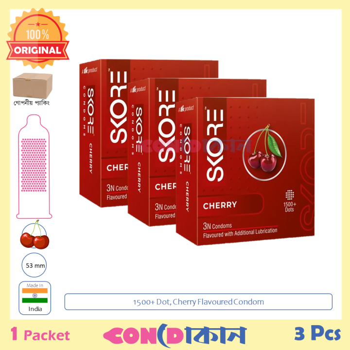 SKORE 1500+ Dotted Cherry Flavoured Condom 3 Pack (9 Pcs) | Daraz.com.bd