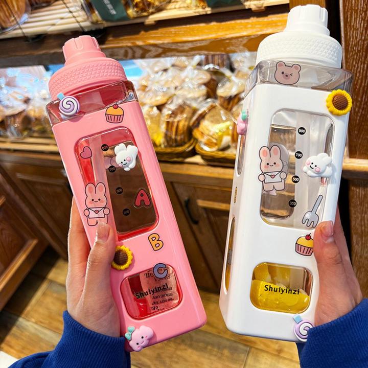 700/900ml Cute Water Bottle for Girls with Lid Straw Sticker Plastic ...