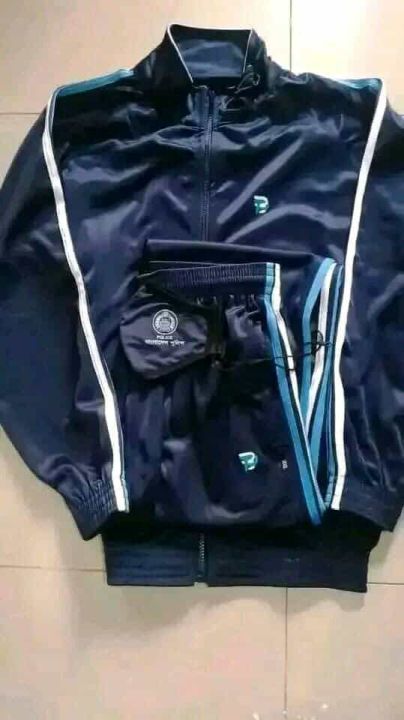 Navy blue 100% premium Polyester Tricot Fabric 2-Stripes Tracksuit ...