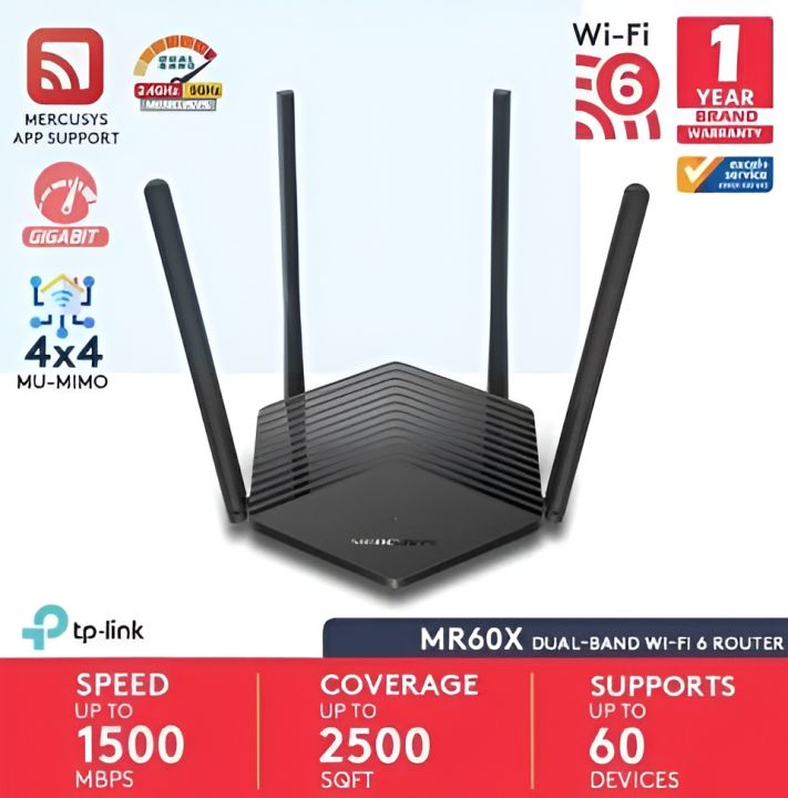 Mercusys MR60X AX1500 WiFi 6 Router | Dual Band 1500 Mbps Wireless 1.5 ...