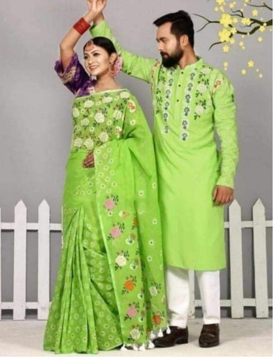 Lemon Hand Print Half Silk Saree and Dupaiyan Panjabi couple Dress for ...