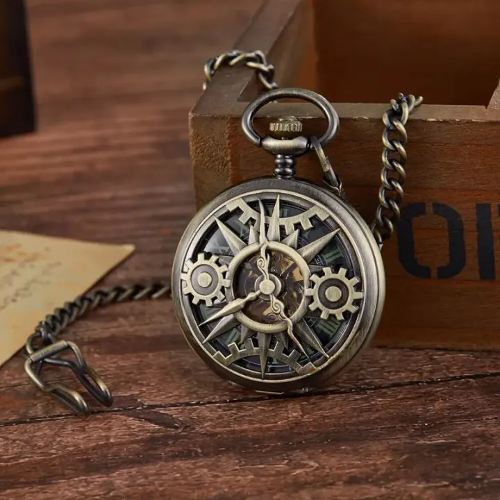 Steampunk Retro Hollow Gear Movement Mechanical Pocket Watch Skeleton ...