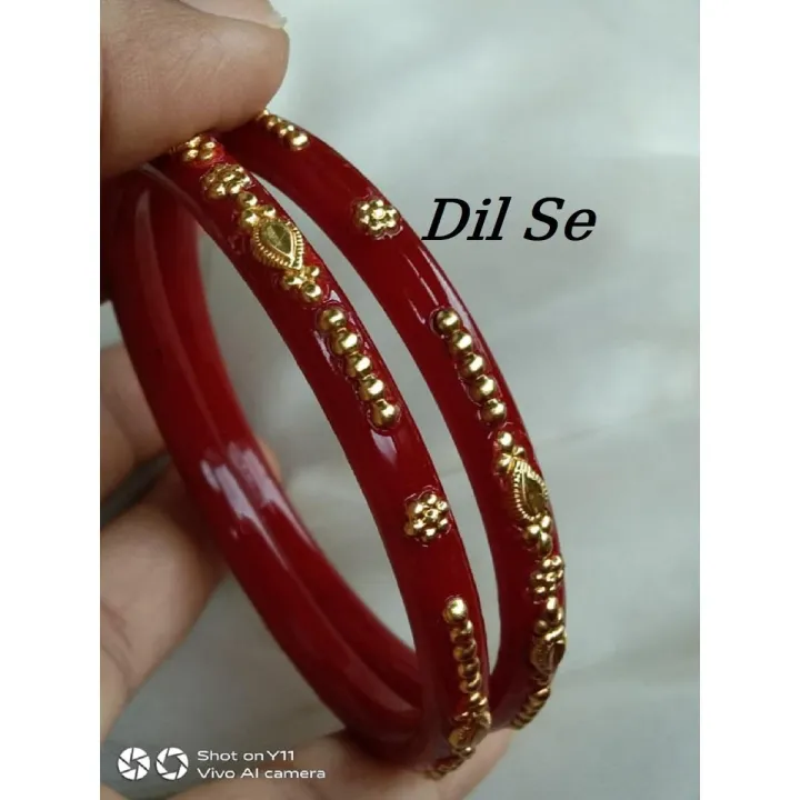 2 pcs - Golden metal works on Red Bangles, It's for Women Party ...