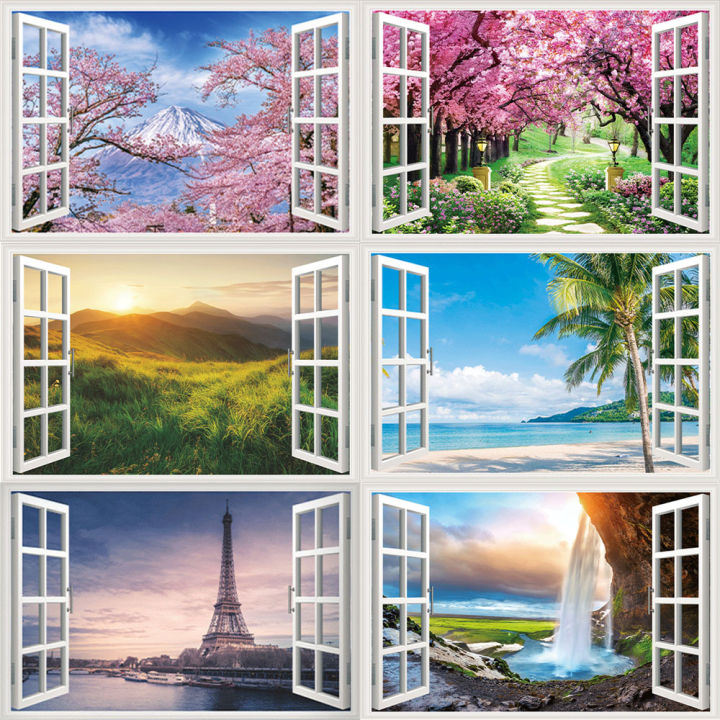 3D Natural Scenery Window Stickers Sakura Tree Beach Building Wall Art ...