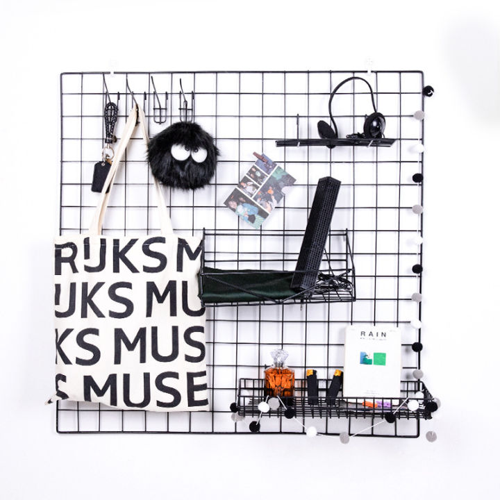 Black bold photo, wall decoration, iron mesh guardrail, shelf, grid ...