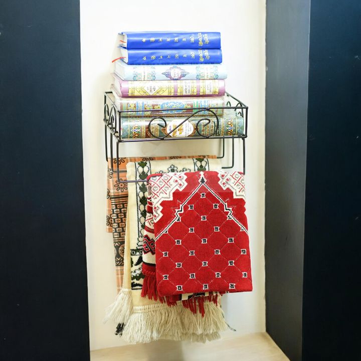 Elegant Black Metal Wall Mounted Quran Stand with Jaynamaz Shelf ...