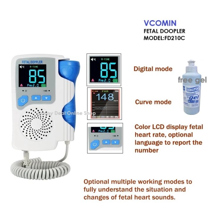VCOMIN FD210C Rechargable Fetal Doppler Baby Monitor LCD color Display ...