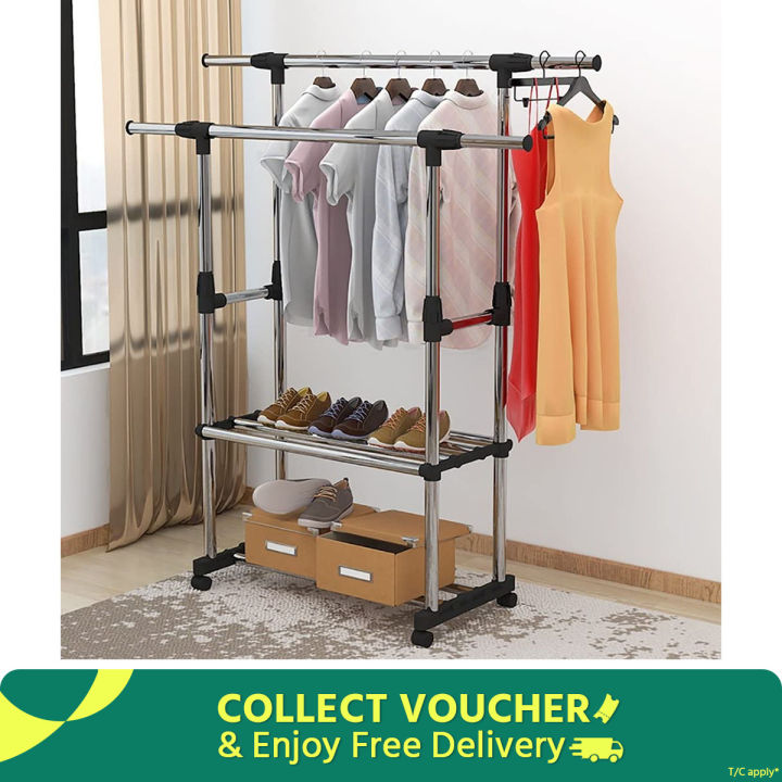 2 layers Double Pole Clothes Hanging Rack With Shoe Rack | Daraz.com.bd