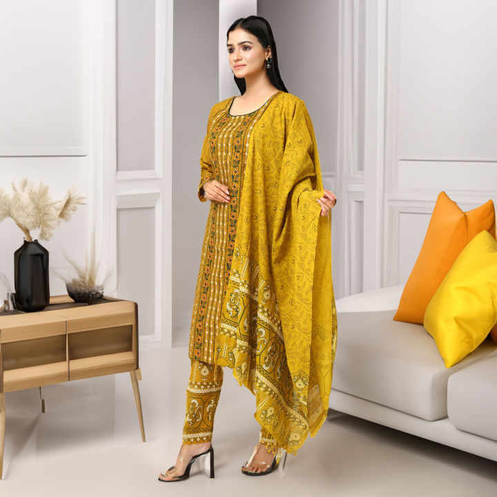 Olive Readymade Stitched Cotton Three Piece Dress for Women ...