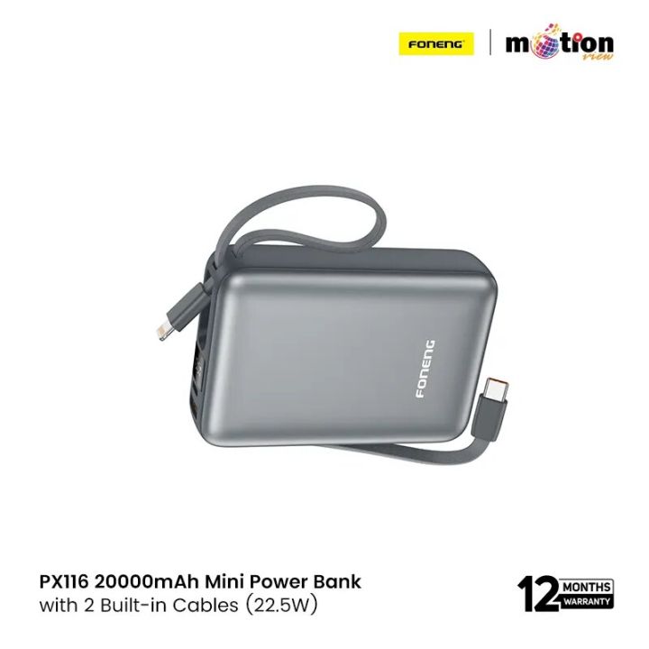 PX116 20000mAh Mini Power Bank with 2 Built-in Cables (22.5W) | Daraz ...