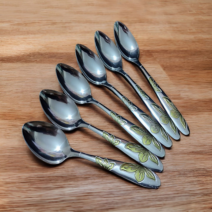 Stainless Steel Spoon Set - Multi Design Silver Spoon with Golden Shade ...