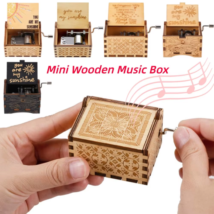 Mini Hand Cranked Music Box Carved Wooden Manual for Love Moon River ...