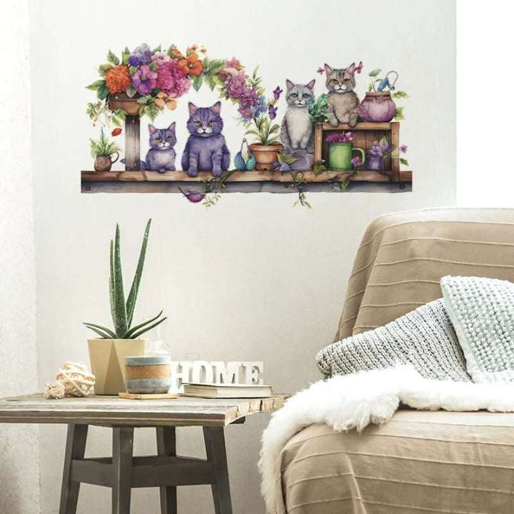 Cats with flower children's bedroom wall Stickers ( Hight 16 inch ...