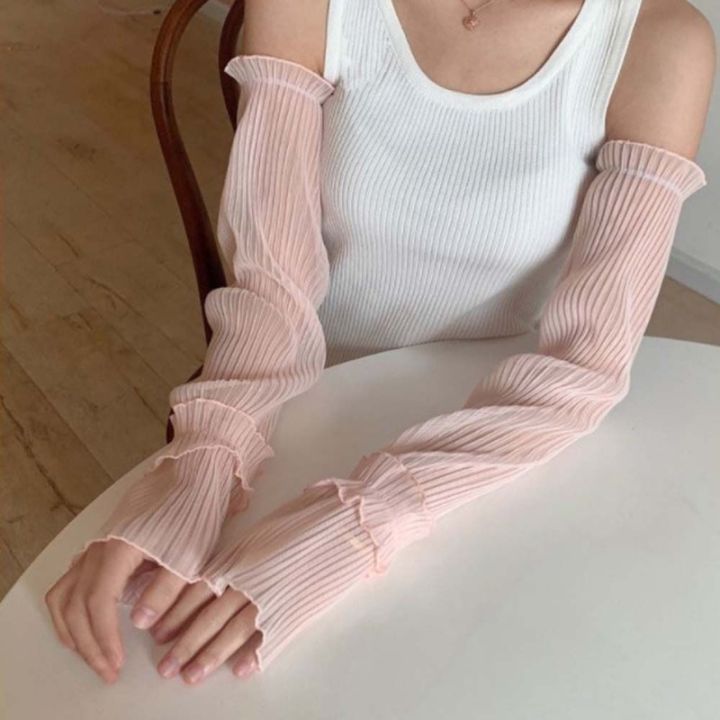 1Pair Summer Women Long Arm Mittens Pleated Yarn Breathable Sunscreen ...